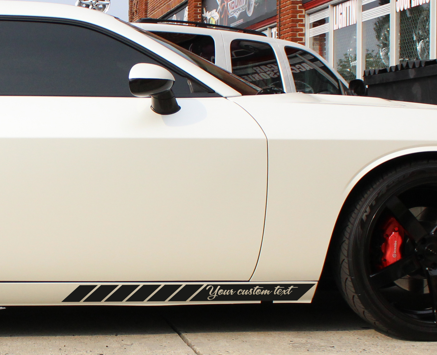 2x AANGEPASTE TEKST Kant Links Rechts Lichaam Strepen Racing Race Rally ...